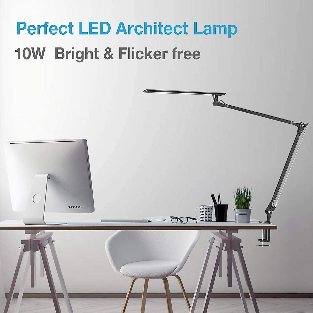 PHIVE LED Desk Lamp, Architect Task Lamp, Metal Swing Arm Dimmable Drafting Table Lamp with Clamp (Touch Control, Eye-Care Technology, Highly Adjustable Office, Craft, Studio, Workbench Light) Black