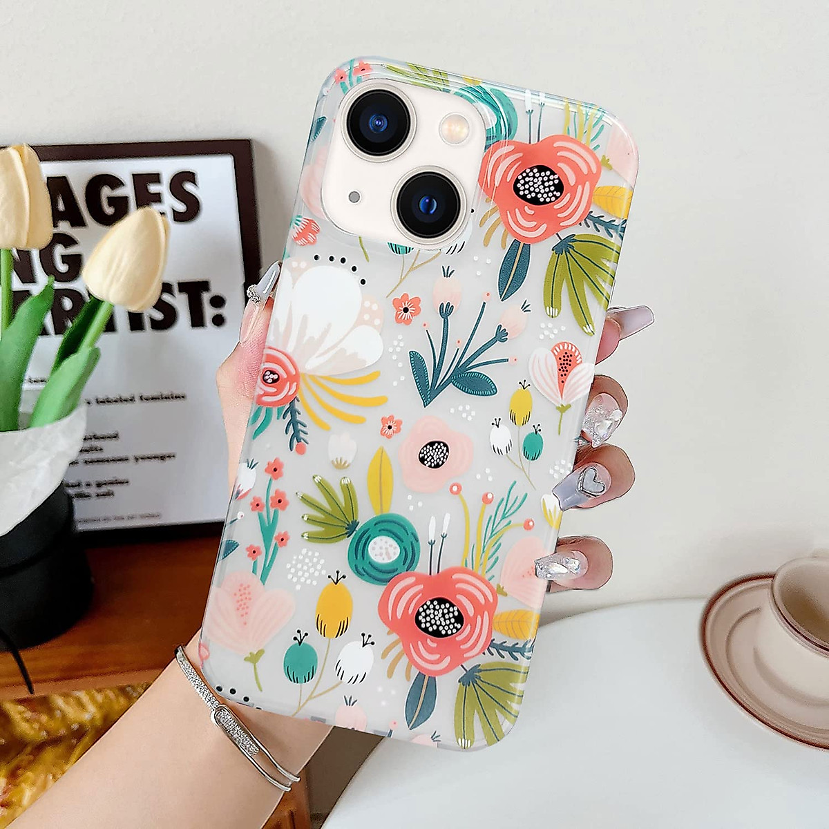 J.west iPhone 13 Case, Clear Floral Flexible TPU Shockproof Cover Transparent Elegant Designs Durable Protective Women Girls Flower Phone Case 6.1"