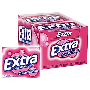 EXTRA Gum Classic Bubble Gum Sugar Free Chewing Gum Bulk Pack, 15 Stick (Pack of 10)