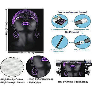 Xuxwhwy African American Poster Purple Earrings Necklace Black Pretty Girl Canvas Prints Wall Art Pictures for Living Room Bedroom Oil Paintings for Office Home Decorations 16X24 in (Unframed)