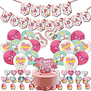 Meetall 41pcs Mother’s Day Decoration Set Happy Mother’s Day Banner Best Mum Ever Mum I Love You Balloons and Cake Toppers Creative Gift and Idea All in Party Supplies.