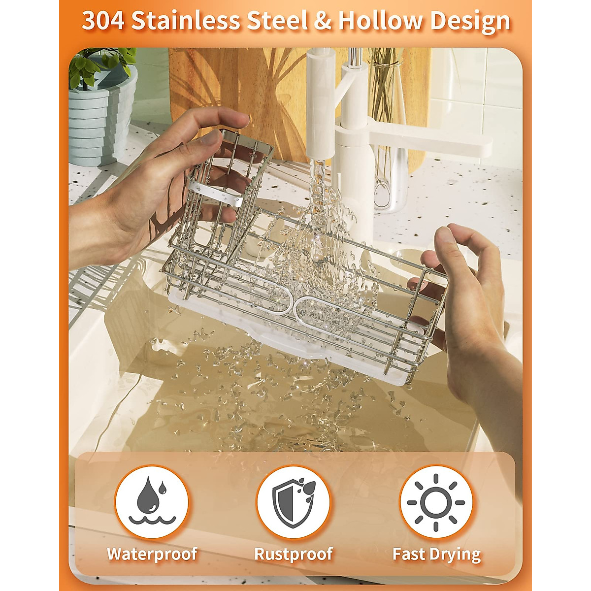 SWTYMIKI Sink Caddy Kitchen Sink Organizer, 304 Stainless Steel Sponge Caddy for Kitchen Sink with Removable Brush Holder Dish Sponge Holder with Drawer Drain Tray for Kitchen Tabletop, Silver