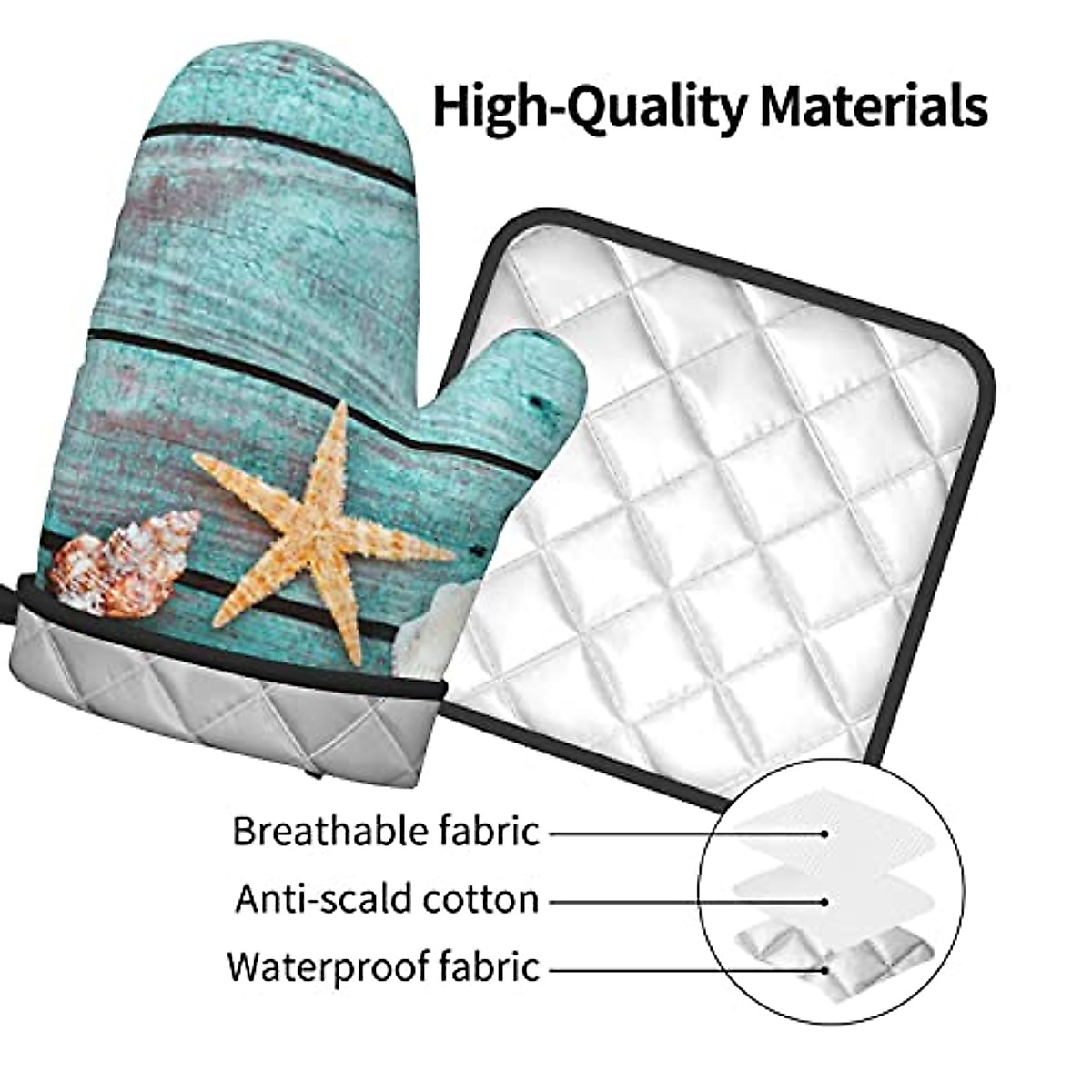 Pretty Turquoise Blue Nautical Oven Mitts and Pot Holders Sets Heat Resistant Kitchen Microwave Gloves for Baking Cooking Grilling BBQ