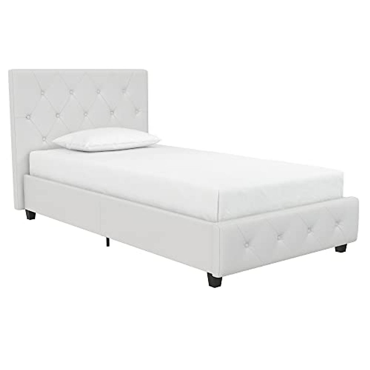 DHP Dakota Upholstered Platform Bed with Diamond Button Tufted Headboard and Footboard, No Box Spring Needed, Twin, White Faux Leather