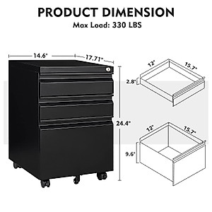 MIIIKO 3 Drawer File Cabinet, Metal Filing Cabinet with Lock Rolling Wheels, Office Storage Under Desk,Deep Drawers for Hanging Legal Letter Fill, Full Assembled Except Casters