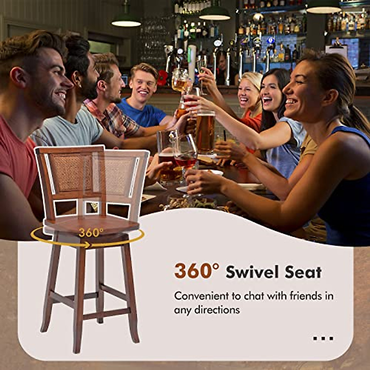 COSTWAY Bar Stools Set of 2, 24.5 Inch Counter Height Bar Stool with Rattan Back, 360°Swivel Seat, Comfortable Footrests, Rubber Wood Bar Stools for Kitchen Island, Dining Room, Cafe, Pub (2)