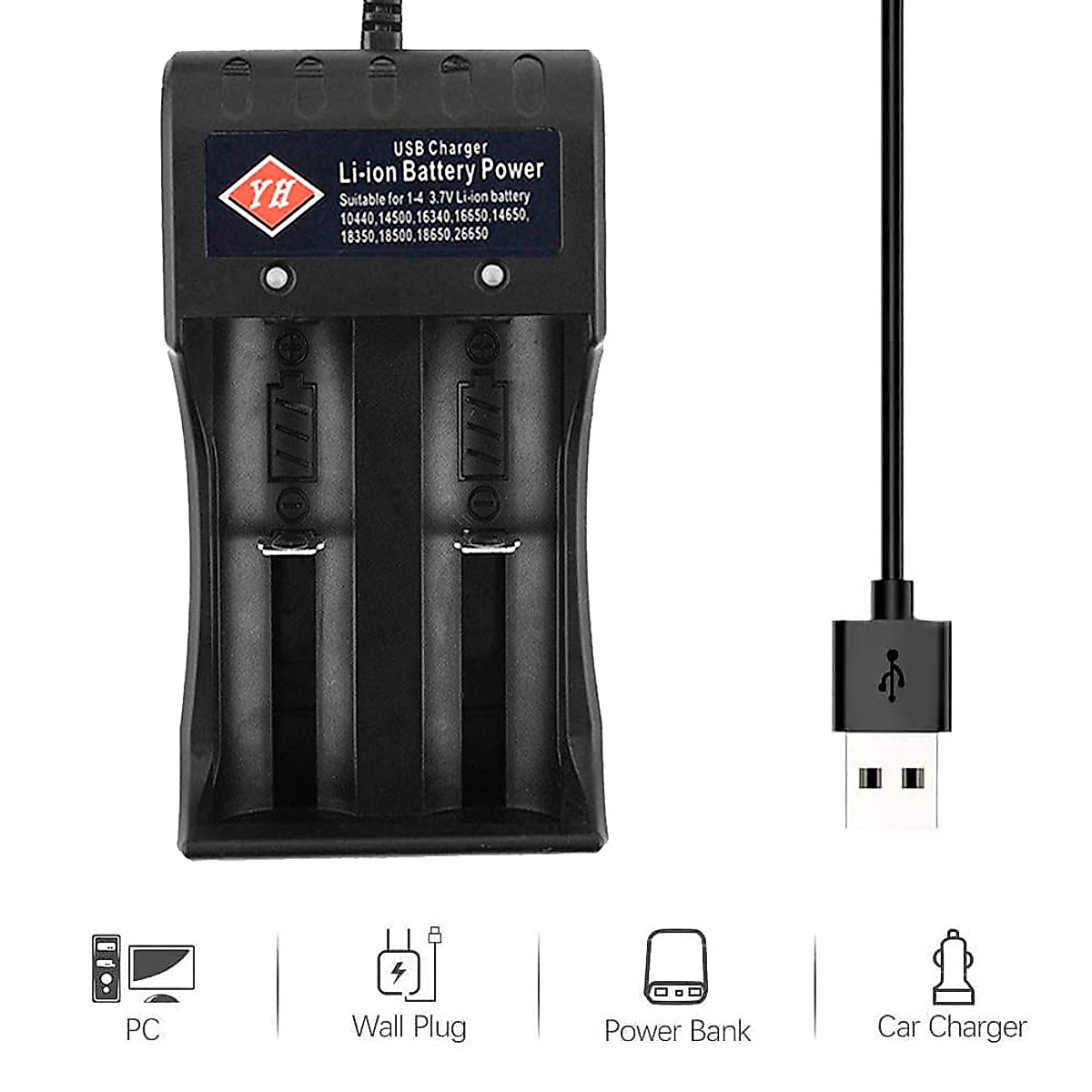 18650 Battery Charger 2 Bay Smart Universal USB Charger for 3.7V Rechargeable Lithium Li ion Batteries Compatible 18650 26650 21700 10400 14500 16340 16650 18500 Battery Charger(No Battery)