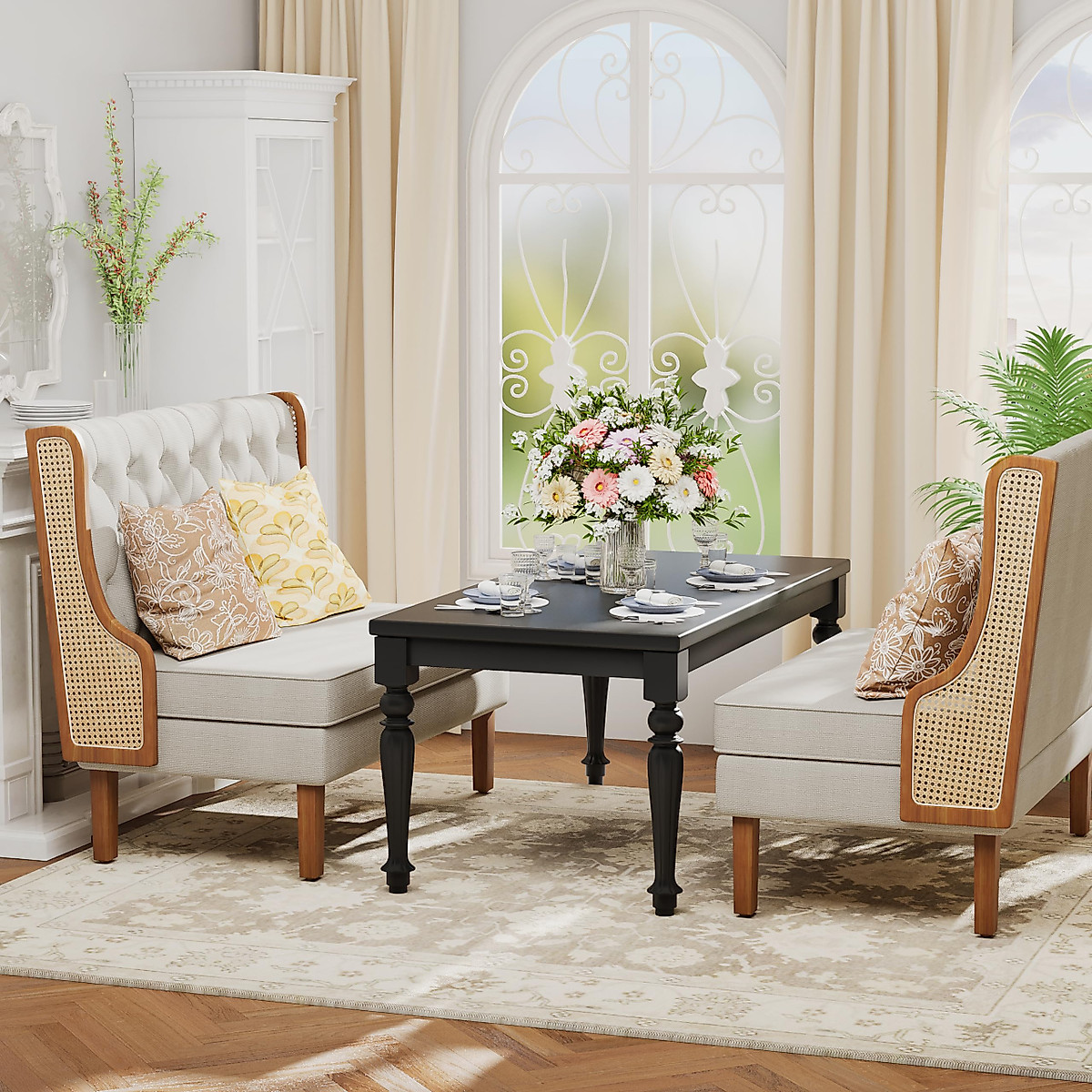 Andeworld Loveseat Settee Bench with Natural Rattan Arms,Upholstered Modern High-Back Mini Sofa Couch,Banquette Dining Bench Love Seat for Living Dining Room Bedroom Office Small Space Entryway,Ivory