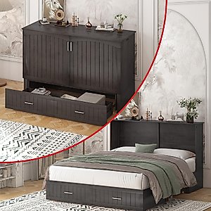 PUREMIND Murphy Bed Cabinet with Built-in Charging Station and Storage Drawer, Solid Wood Cabinet Bed Queen Size with Mattress, Murphy Cube Chest Bed for Guest Room, Home, Office,Gray