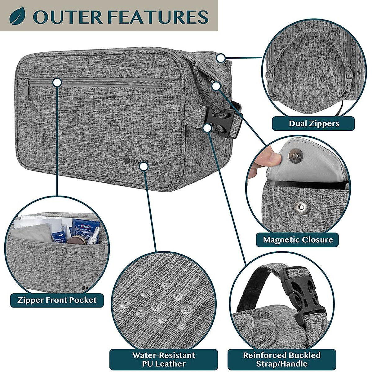 PAVILIA Toiletry Bag for Men, Travel Essentials Shaving Dopp Kit, Mens Travel Bag Toiletries Organizer Case for Grooming, PU Leather Water Resistant Cosmetic Bag Pouch (XL, Heather Grey)