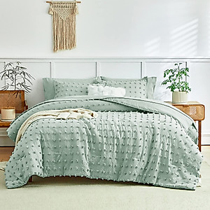 6 Pieces Tufted Dots Bed in a Bag Twin Comforter Set with Sheets Green , Soft and Embroidery Shabby Chic Boho Bohemian Comforters, Solid Color with Pom Pom Design, Jacquard Tufts Bedding Set for Kids