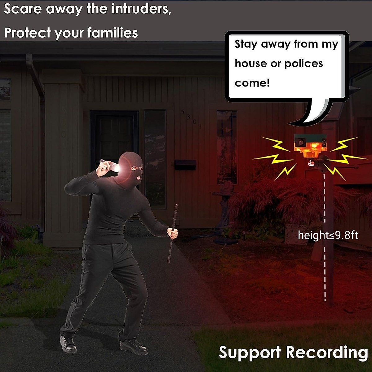 HULPPRE Solar Outdoor Motion Sensor Alarm-Dog Barking&Gunshot Sound,130db Loud Noise Maker,Support Recording,13 Kinds of Sound Strobe Light with USB,Say Goodbye to The Intruders