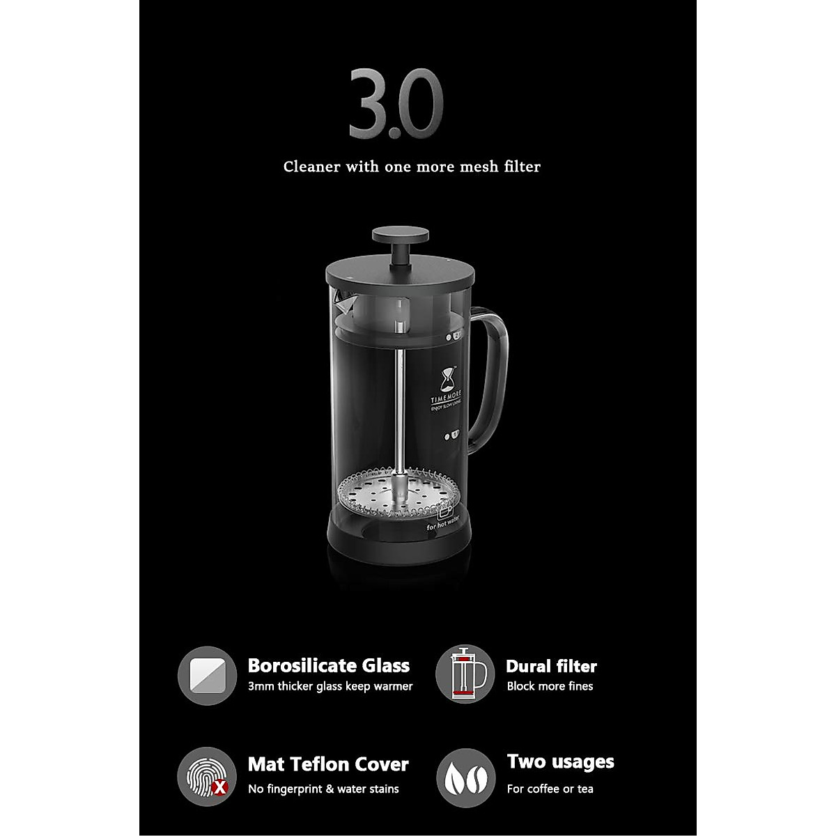 ElephantNum TIMEMORE French Press Coffee Maker Double Filter Mesh 600ml