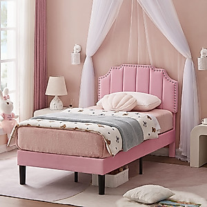 VECELO Twin Upholstered Platform Bed Frame for Kids,Girls,Boys,with Tufted Adjustable Headboard/Mattress Foundation/Wood Slat Support,Easy Assembly,Pink