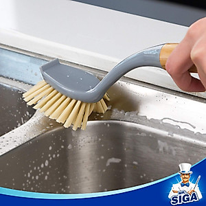 MR.SIGA Dish Brush with Long Bamboo Handle Built-in Scraper, Scrub Brush for Pans, Pots, Kitchen Sink Cleaning, Pack of 2