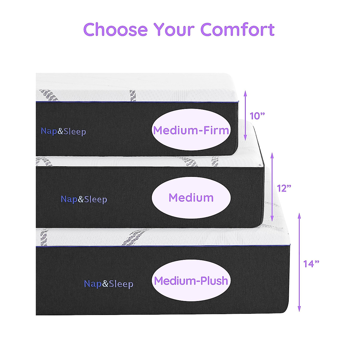 NAP&SLEEP Memory Foam Mattress - Lavender Infused with Cold Touch Cover, Medium Firm to Plush Feel, Helps with Sleep - Sizes Full, Queen, King, 10", 12", 14" (12" Medium, King (U.S. Standard))