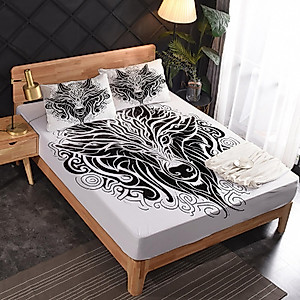 Viking Wolf Sheets Full Size Sheet Sets - Norse Mythology Bed Sheets, Soft Microfiber & Deep Pocket & Wrinkle Free Patterned Bedding Sheets & Pillowcases, 1 Fitted Sheet, 1 Flat Sheet, 2 Pillow Cases