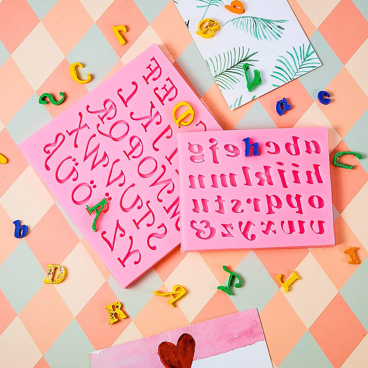 4 Pieces Christmas Letters Silicone Mold Number Silicone Mold Uppercase Letters Silicone Fondant Mold Lowercase Letters Chocolate Mold Handmade Soap Mold Biscuit Ice Cube Tray for Desserts (Pink)