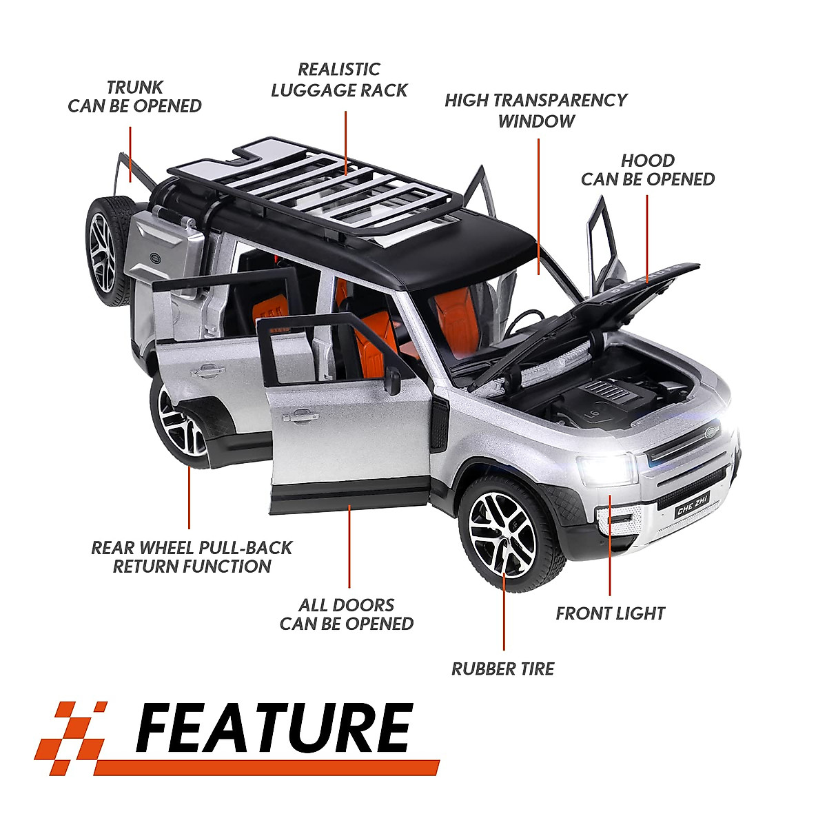 1/24 Diecast Model Car Pullback Vehicle Toy Collection for Land Rover New Defender 110, Kids Gift, with Sound and Light