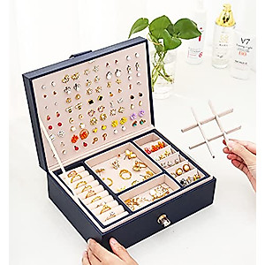 QBestry Stud Earring Organizer for Women Girl Mens Jewelry Box for Earrings Necklace Jewelry Organizer,Girls Earring Box for Womens Necklace Holder Rings Organizer Bracelet Earring Storage Case,Blue