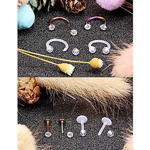 Hoeudjo 16G Surgical Steel Lip Rings Clear Diamond CZ Labret Studs Tragus Horseshoe Ring Helix Hoop Earring Body Jewelry Piercing Retainer for Women Men Rainbow