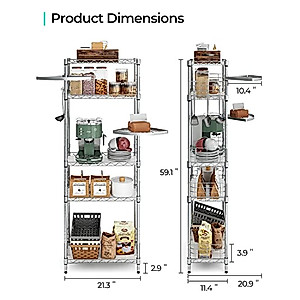LINSY HOME 5-Tier Storage Shelves with 2 Rotatable Shelves, Height Adjustable Metal Pantry Shelves with 5 Hooks and Shelf Liners, Heavy Duty Metal Shelving, Wire Shelving for Kitchen, Bathroom -Sliver