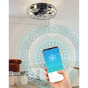 Glitnous 18'' Small Caged Flush Mount Ceiling Fans with Lights and Remote, Black Low Profile Rustic Farmhouse Modern Lighting & Ceiling Fan, Bladeless 6 Speed Timing for Bedroom Kitchen Dining Room