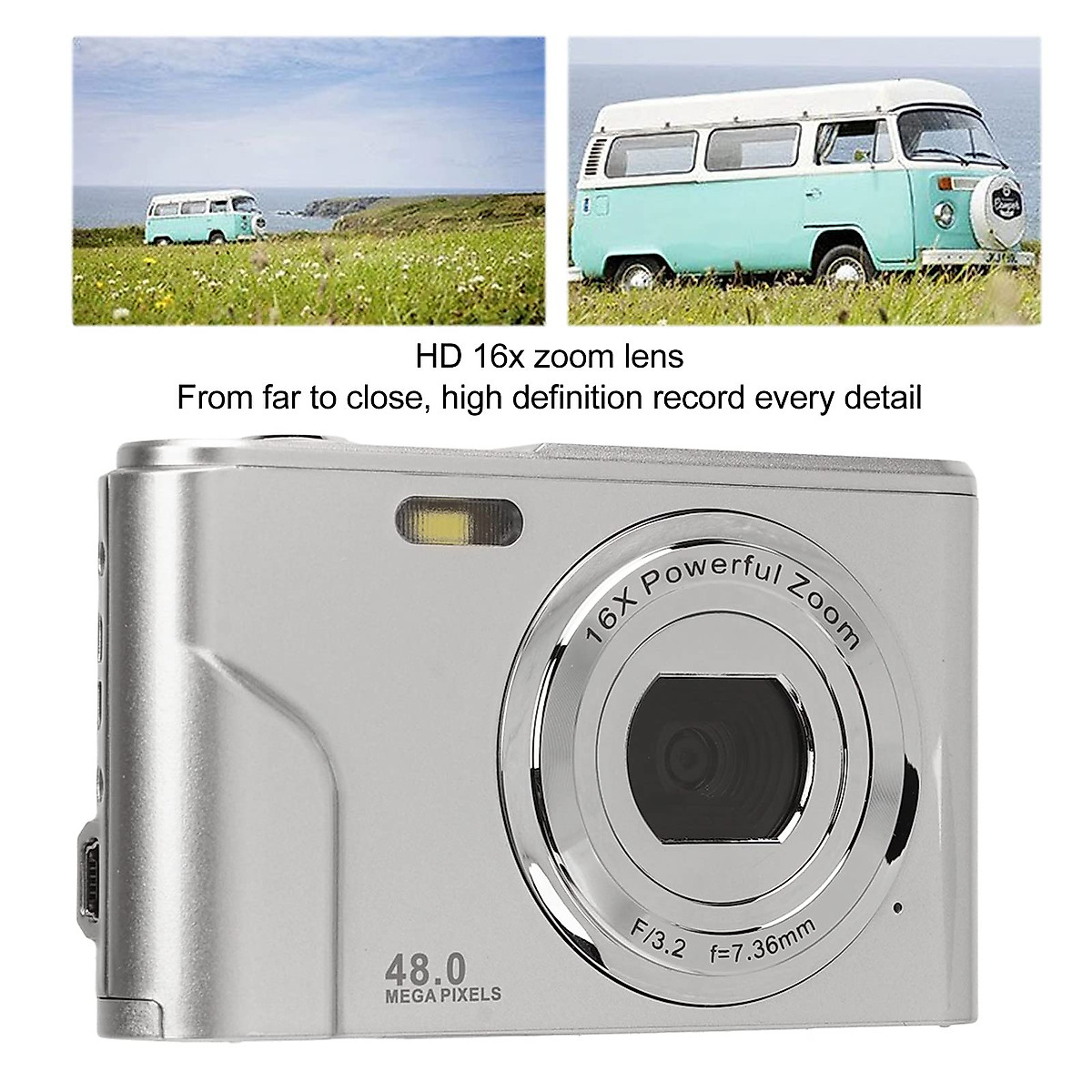 Digital Camera, 1080P HD 2.4 Inch IPS Display Mini Compact Pocket Camera with 16X Zoom, Portable and Rechargeable Video Camera for Adults, Students, Kids, Travel (Space Silver)