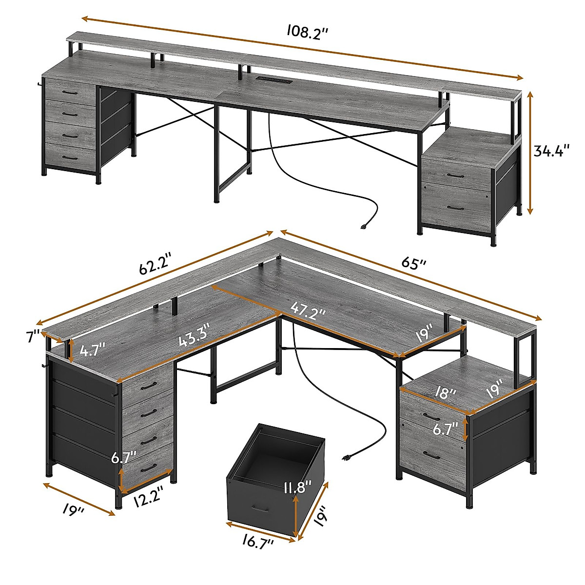 SEDETA L Shaped Desk with 6 Drawer, 108" Home Office Desk with File Drawer & Power Outlet, Corner Computer Desk with Monitor Shelf, Two Person Desk, Gaming Desk with Led Lights, Grey