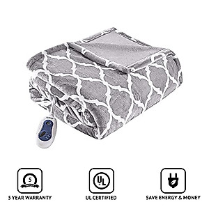 Beautyrest Ogee Printed Plush Electric Blanket for Cold Weather, Fast Heating, Auto Shut Off, Virtually Zero EMF, Multi Heat Setting, UL Certified, Machine Washable, Grey Oversized Throw 60x70