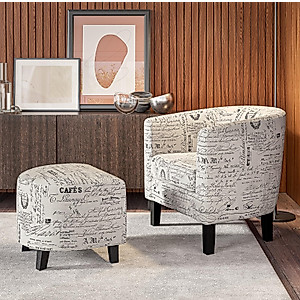 BELLEZE Accent Chair with Ottoman, Curved Back Living Room Chair, Stylish Barrel Club Chair and Footrest Set, Upholstered Round Tub Reading Chair for Bedroom - Lydia (White French Pattern/Linen)