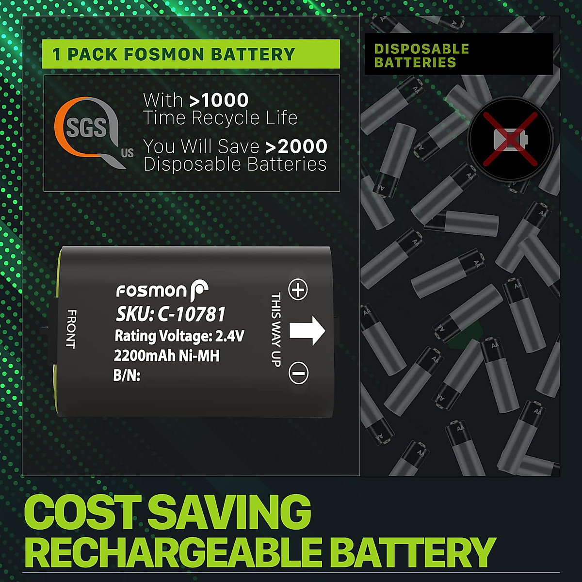 Fosmon 2200mAh Rechargeable Battery Pack Compatible with Xbox Series X/S, Xbox One/One X/One S Elite Controllers - 1 Pack, Recharge C-10777 Battery Charger (Not Included)