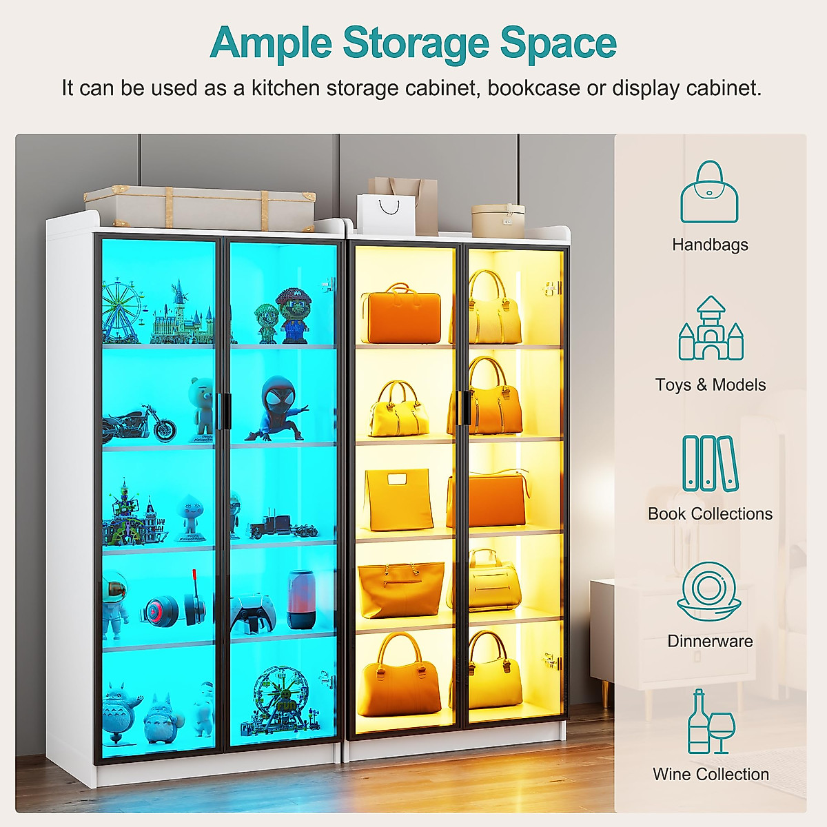 Lvifur Tall Storage Cabinet up to 70", LED Kitchen Pantry Cabinet with Human Body Induction, 5 Tier Bookcase Display Cabinet with Adjustable Shelves for Living Room Office (White)