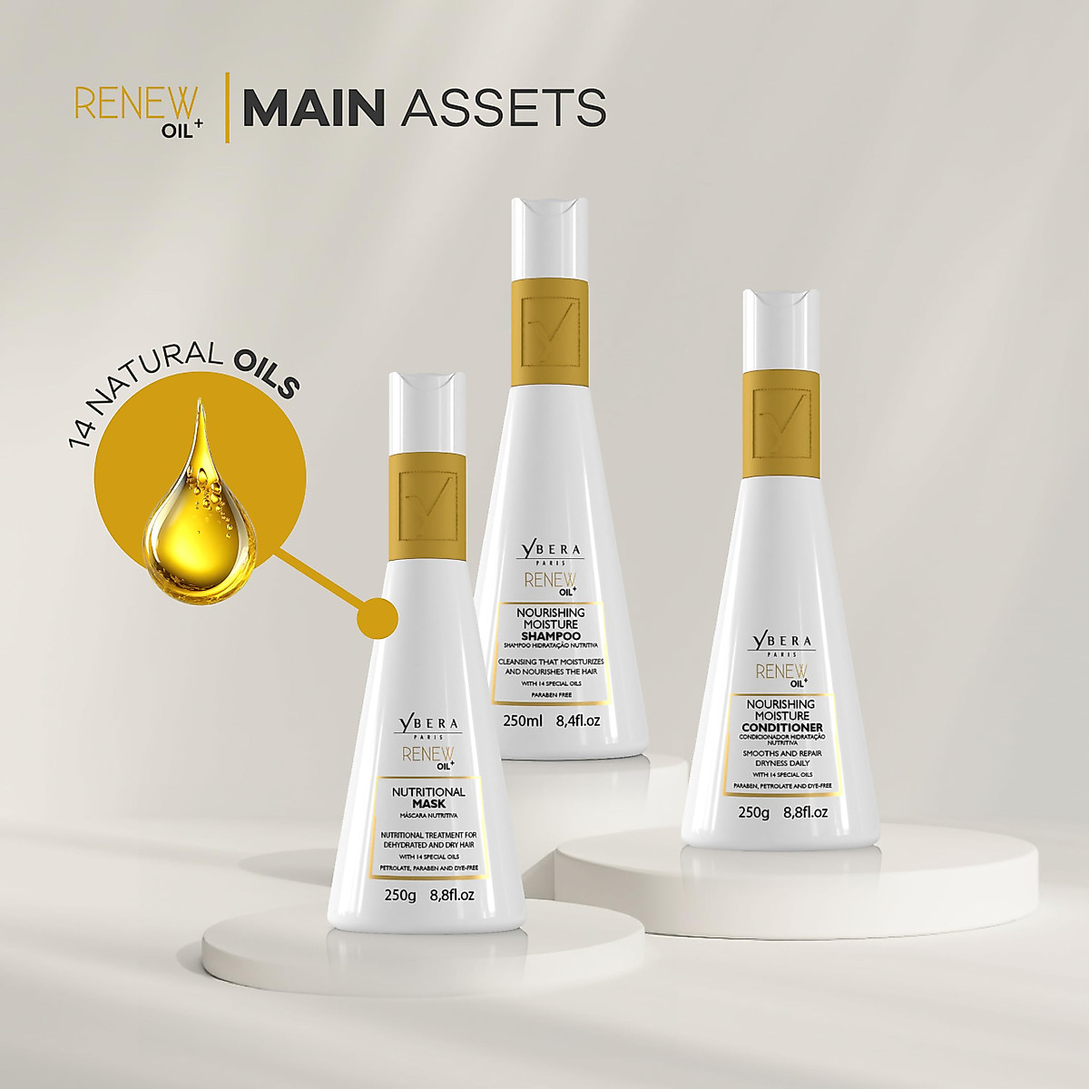 YBERA PARIS Renew Oil Home Care Kit, Anti-age, Powerful Antioxidant, High Emollient Power, Fights Free Radicals, Nutritious Shampoo 8.4 & Conditioner 8.8 & Mask 8.8 Oz Daily Care with Olive Elixir