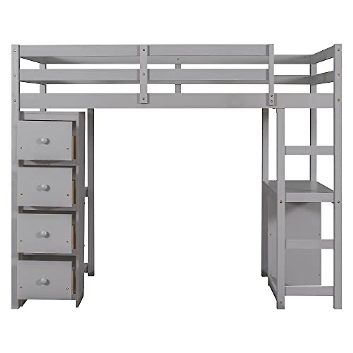 Polibi Twin Over-Twin Bunk Bed with Built-in Desks, Drawers and Shelves, Twin Size Wooden Loft Bed with 4 Storage Drawers, Desk, Shelves and Bottom Platform Bed (Grey)