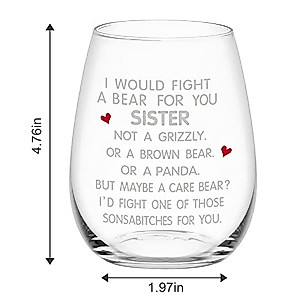 Waipfaru Funny Gift For Sister, Fight A Bear for You Stemless Wine Glass, Sister Gifts From Sister Brother, Birthday Christmas Gift for Sister Sister in Law Soul Sister Big Sister Little Sister, 15Oz