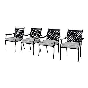 LOKATSE HOME 4 PCS Metal Outdoor Wrought Iron Patio Dining Armrest Chairs with Seat Cushion for Balcony, Garden, Backyard, Grey