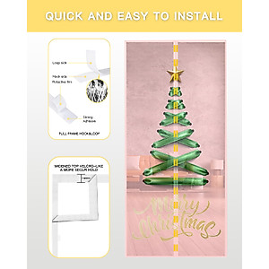 OComster Pink Christmas Tree Magnetic Screen Door, Green Xmas Tree Merry Christmas Hands Free Screen Mesh Size 38" x 83", Reinforce Heavy Duty Mesh Screen Doors for Patio/Front/Sliding Door