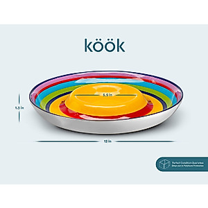 KooK Ceramic Chip & Dip Platter, Large Divided Serving Dish for Parties, Round Tray for Snacks and Appetizers, with Bowl for Dips, Dishwasher Safe, Hand-painted, Multicolor, Tinga Collection, 13 Inch
