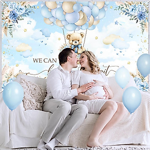 Avezano We Can Bearly Wait Backdrop Boho Blue Floral We Can Bearly Wait Banner Bearly Wait Baby Shower Party Decorations for Boys 70.8x43.3 inch (Blue)