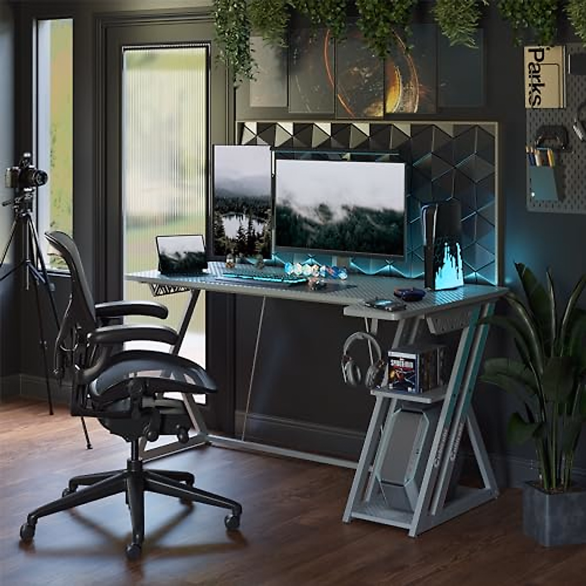CubiCubi Aurora Gaming Desk with Carbon Fiber Surface, 40 Inch L Shaped Desk with Storage Shelves, Small Corner Computer Desk with Monitor Shelf, Gamer Desk PC Table, Grey