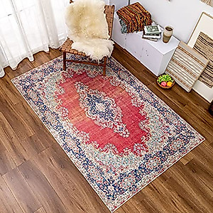 Washable Rug Indoor 8x10, Rugs with Rubber Backing, Non Slip Area Persian Rug, Foldable Rug Thin, Traditional Bohemian Red Big Rug for Bedroom, Living Room, rv Carpet, Machine Washable Carpets