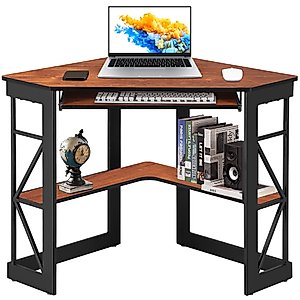 VECELO Corner Computer Desk 41 x 30 inches with Smooth Keyboard & Storage Shelves for Home Office Workstation, Teak