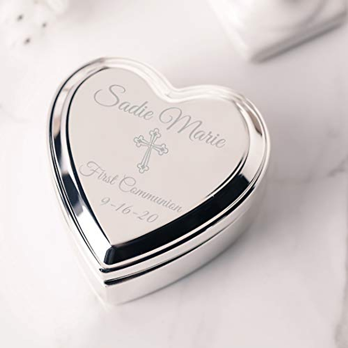Cherished Moments Personalized Heart Jewelry Keepsake Box with Custom Engraved Cross and Name for First Communion Gift for Girls, Silver Toned