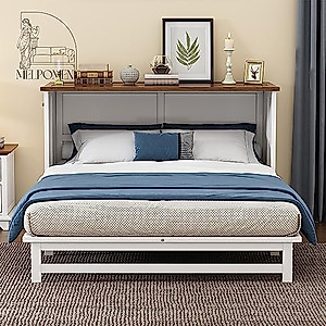 Melpoemene Murphy Bed Chest with Charging Station,Queen Size Murphy Cabinet Bed with 2 Drawers,White+Walnut