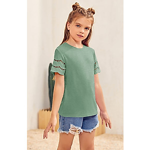Geckatte Kids Girls' T-Shirts Short Sleeve Crewneck Cutout Summer Casual Solid Basic Tee Shirts Tops 5-14 Years Light Green