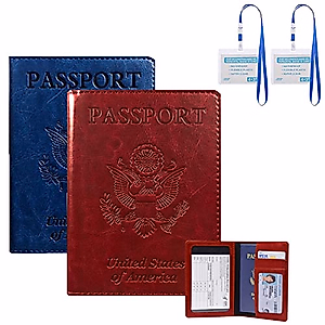 Redify 2 Pack Passport and Vaccine Card Holder Combo - PU Leather Passport Holder with Vaccine Card Slot, Travel Passport Wallet for Women and Men, Family Passport Cover Case (Blue, Wine Red)