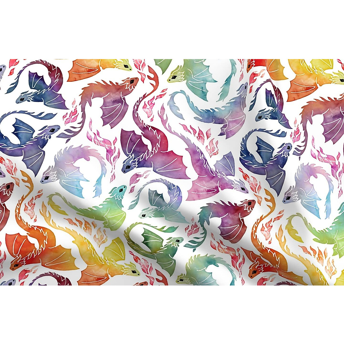 Spoonflower Fabric - Dragon Fire Rainbow Cute Fantasy Watercolor Fairy Tale Flying Printed on Polartec(R) Fleece Fabric Fat Quarter - Sewing Blankets Loungewear and No-Sew Projects