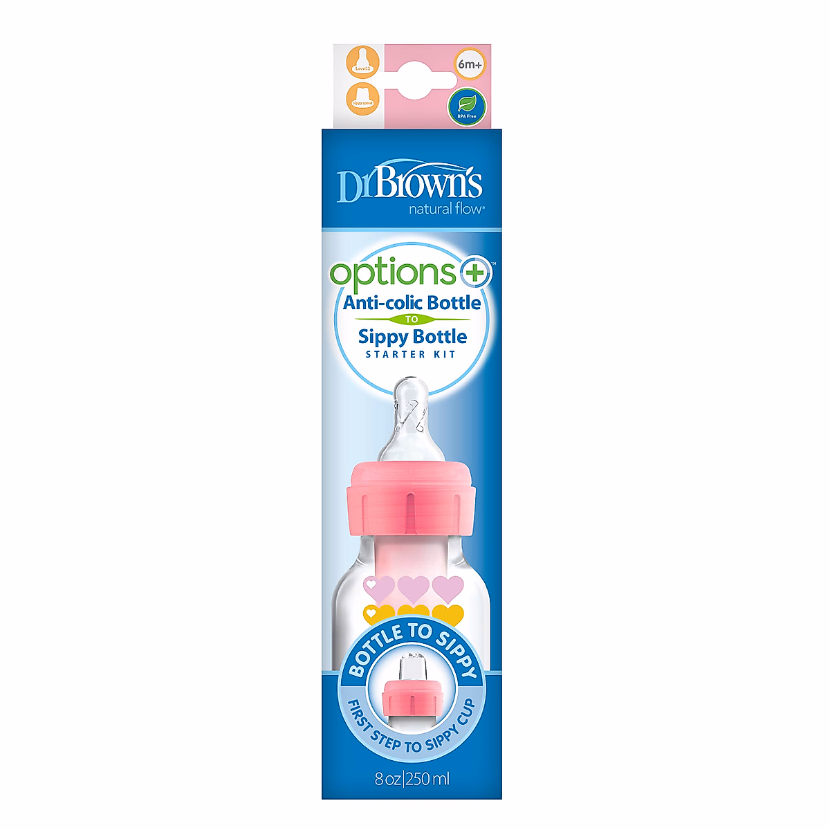 Dr. Brown’s Natural Flow® Anti-Colic Options+™ Narrow Sippy Bottle Starter Kit, 8oz/250mL, with Level 3 Medium-Fast Flow Nipple and 100% Silicone Soft Sippy Spout, 3 Pack, Green, Blue, & Pink, 6m+