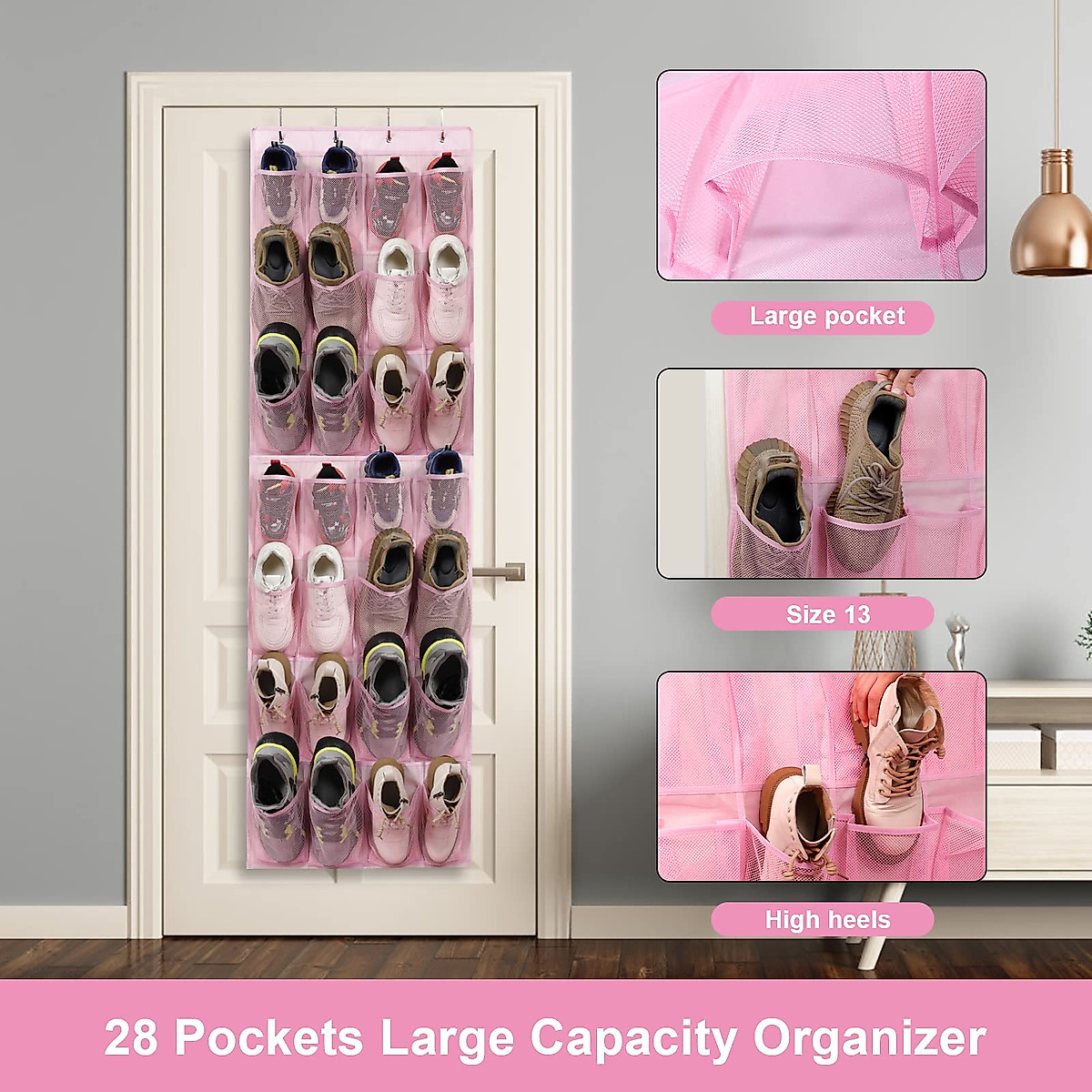 FIRCRE Over the Door Shoe Organizers 28 Mesh Pink Pockets Hanging Shoes Organizer Shoe Rack for Closet Entryway Bedroom Bathroom Pantry Shoe Holder for Women High Heeled Shoes roducts